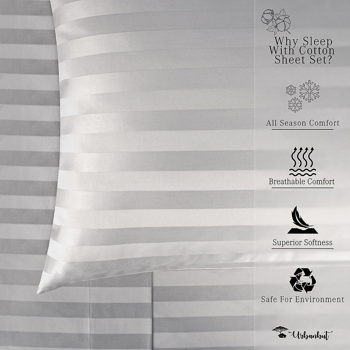 URBANHUT 800 Thread Count Egyptian Cotton Damask Striped Queen Size Sheets Set (4 Pc) - Ultra Soft & Smooth, Sateen Weave Queen Size Sheets, Luxury Hotel Sheets with 16" Deep Pocket - Silver Grey