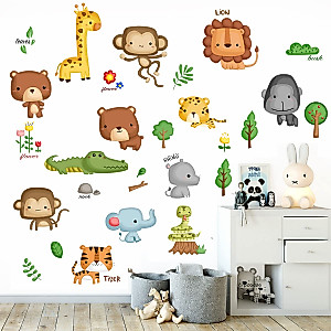 Africa Jungle Animal Wall Stickers, Tropical Forest Animal Wall Decals, Easy to Peel and Stick,DIY Art Wall Decoration,for Kids Baby Room Livingroom Bedroom Playroom Nursery Kindergarten Wall Decor