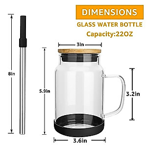 Tronco 22 oz Glass Tumbler with Handle,Glass Water Cup with Bamboo Lid Straw,Iced Coffee Cup Reusable boba Tea Cup With Silicone Sleeve, BPA Free