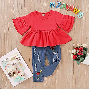 NZRVAWS Baby Girl Clothes 18 Months Toddler Clothing Infant Jeans for Kids 24 Months Ruffle Outfits Fall Winter Shirt Tops + Floral Denim Jeans Pants