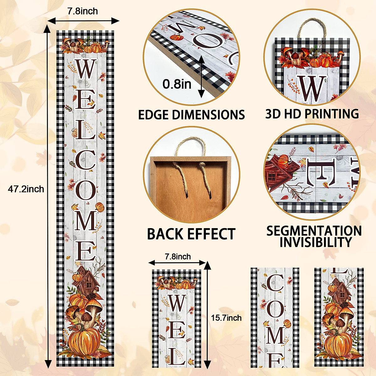 Fall Welcome Porch Sign Autumn Wooden Door Sign 47'' Large Buffalo Plaid Porch Sign for Pumpkin Sign Home Front Door Yard Party Decor