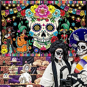 Mexican Day of The Dead Party Decoration Supplies Backdrop Banner for Mexican Fiesta Skull Flowers Photo Booth Background Dia DE Los Muertos for Alebrijes Mexicanos Home Wall Door Decor，5x3FT