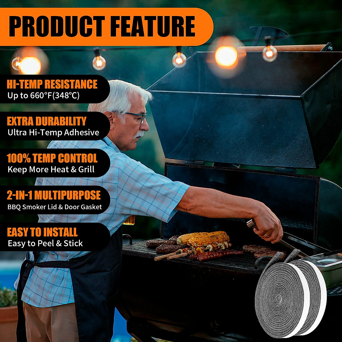 Smoker Gasket Seals 15 FT, 1/2" x 1/8" High Temp Grill Gasket Replacement Self Stick Felt, High Heat BBQ Gasket Tape Smoker Chef for Smokers BBQ Lid Black