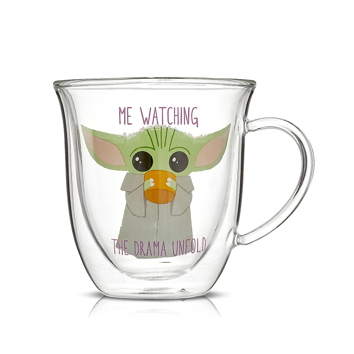 JoyJolt Watching The Drama Unfold Grogu 13.5oz Coffee Mug, Double Wall Mug Set of 2. Large Espresso Cups, Cappuccino or Latte Cup. Mandalorian Star Wars Mugs, Glass Coffee Cup, Insulated Coffee Mug