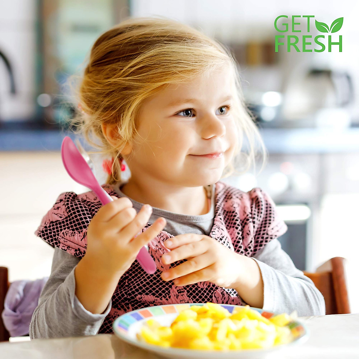 GET FRESH Bamboo Kids Spoons Set – 4-pack Reusable Bamboo Fiber Kids Spoons for Everyday Use – Large Bamboo Kids Cutlery for Daily Mealtime – Colorful Bamboo Utensils for Toddlers and School Children