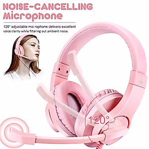 Pink Gaming Headset for Nintendo Switch, PS4, Xbox One,Laptop,PC,Tablets,Phones with Noise Cancelling Adjustable Mic, Soft Earmuffs Surround Sound 3.5mm Over Ear Headphones for Kids Teens Adults