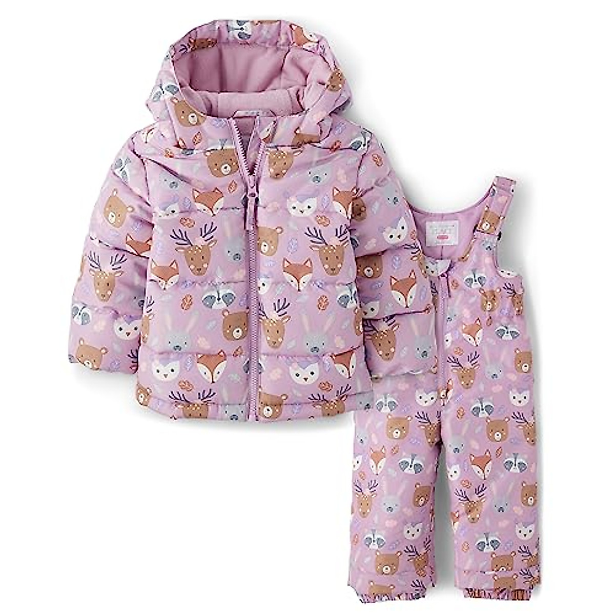 The Children's Place,and Toddler Girl 2 Piece Set Snowsuit, Jacket and Bib Overall Pant,LILAC DUST | Woodland Critters_Lilac Dust,18-24 Monts