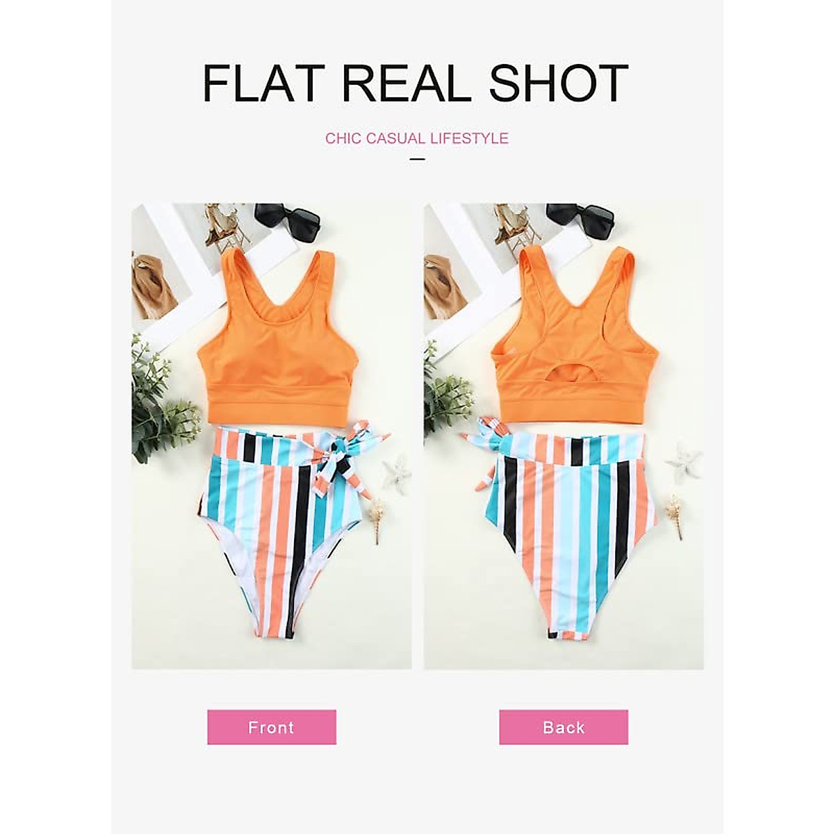 Dokotoo High Waisted Bikini Sets for Women 2024 Beach Scoop Neck Sleeveless Racerback Striped Print Trendy Swimsuit Sexy High Cut Tummy Control Bathing Suit Orange Large