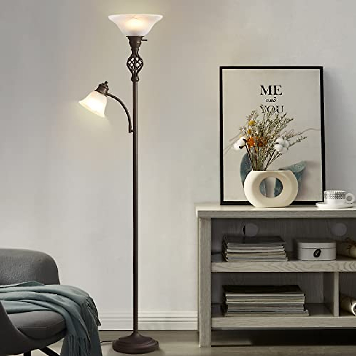GyroVu Torchiere Floor Lamp for Living Room, LED Standing Reading Light for Bedroom with Glass Shade for Living Room Corner Bedroom Home Office,Bulbs Included