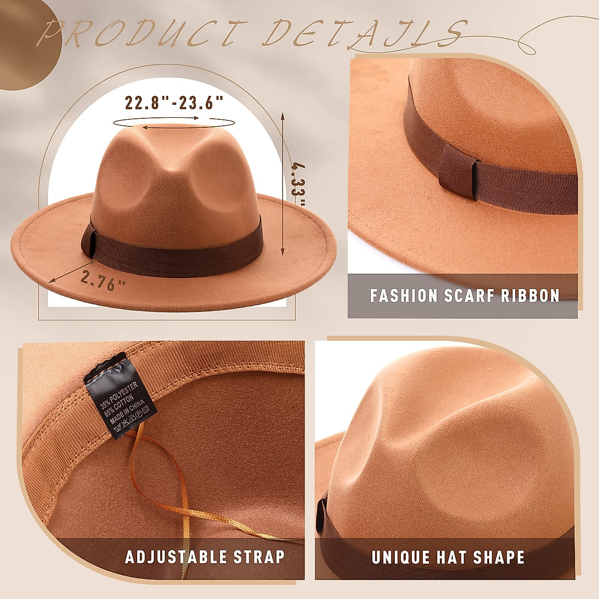 Mepase 4 Pcs Women's Classic Wide Brim Felt Hats - Adjustable Trendy Hats for Wedding, Prom, Party, Club, Camping in 4 Colors