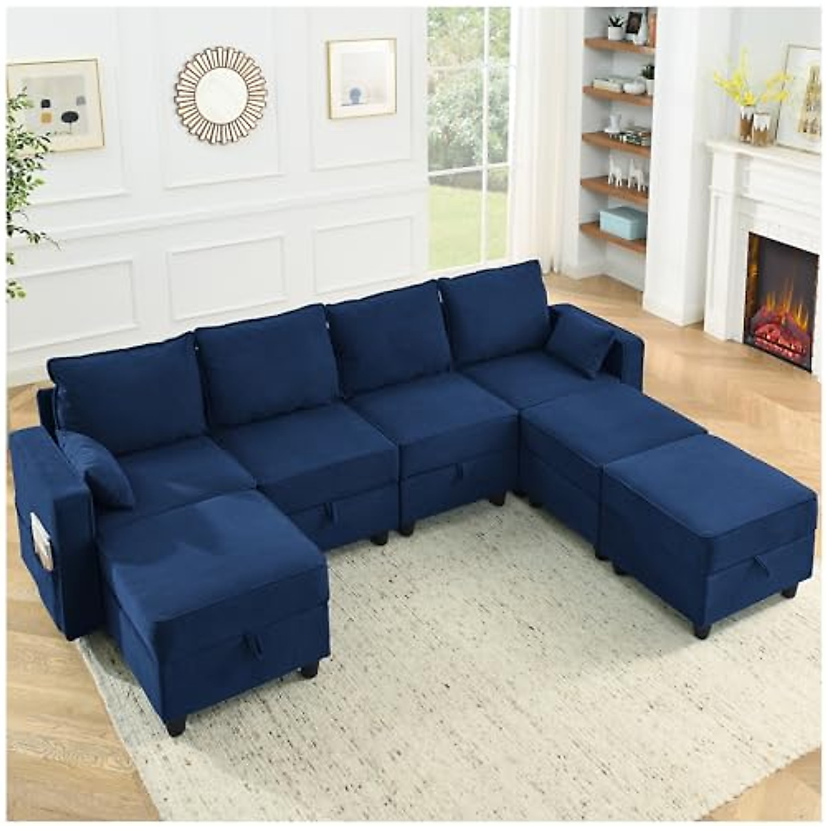 TOQIJUN Modular Sectional Sofa with Ottomans Velvet,U Shaped Sleeper Sofa with Storage, Sofa Covers Removable, 7 Seat Couch with Ottoman for Living Room,Navy Blue