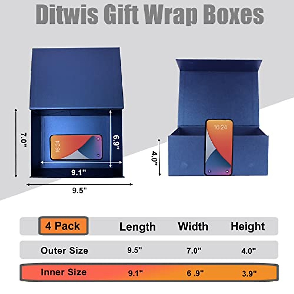 Ditwis 4 Pack 9.5x7x4 Inches Gift Boxes with Magnetic Closure Lids, Blue Magnetic Box for Wedding, Groomsmen Bridesmaid Proposal, Birthdays, Mother's Day