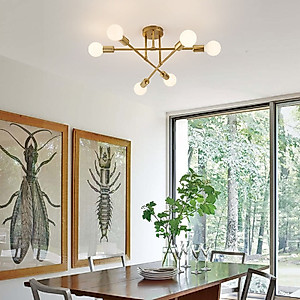 YXTH Semi Flush Mount Ceiling Light Fixture, 6 Lights Modern Sputnik Chandelier Ceiling Lamp with E26 Bulb Base, Light Fixtures Ceiling Mount for Bedroom Kitchen Living Room Hallway (Gold)