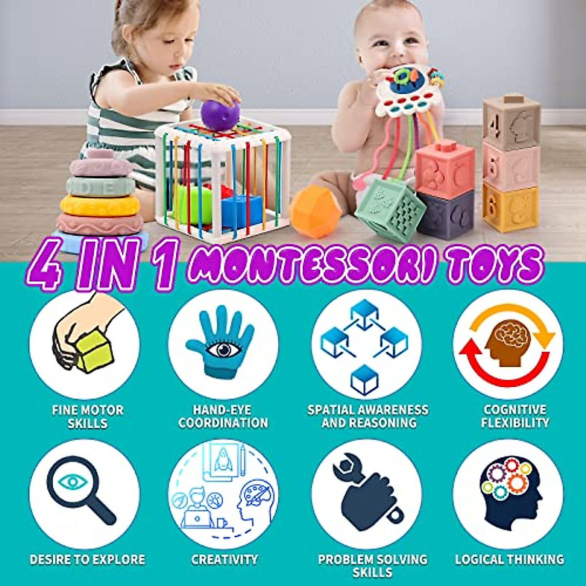 4 in 1 Baby Toys 6to12-18 Months, Pull String Baby Teething Toys, Stacking Building Blocks Infant Toys 3-6-9-12 M+, Color Shape Bin Sensory Toys, Montessori Toys for 1-3 Year Old Boy and Girl Gift