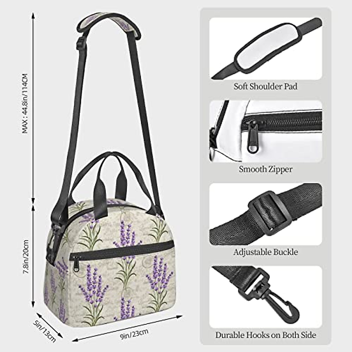 Vintage Lavenders Floral Lunch Bag Reusable Insulated Lunch Tote Bag Lunchbox Container With Adjustable Shoulder Strap For Office Work School Picnic Travel