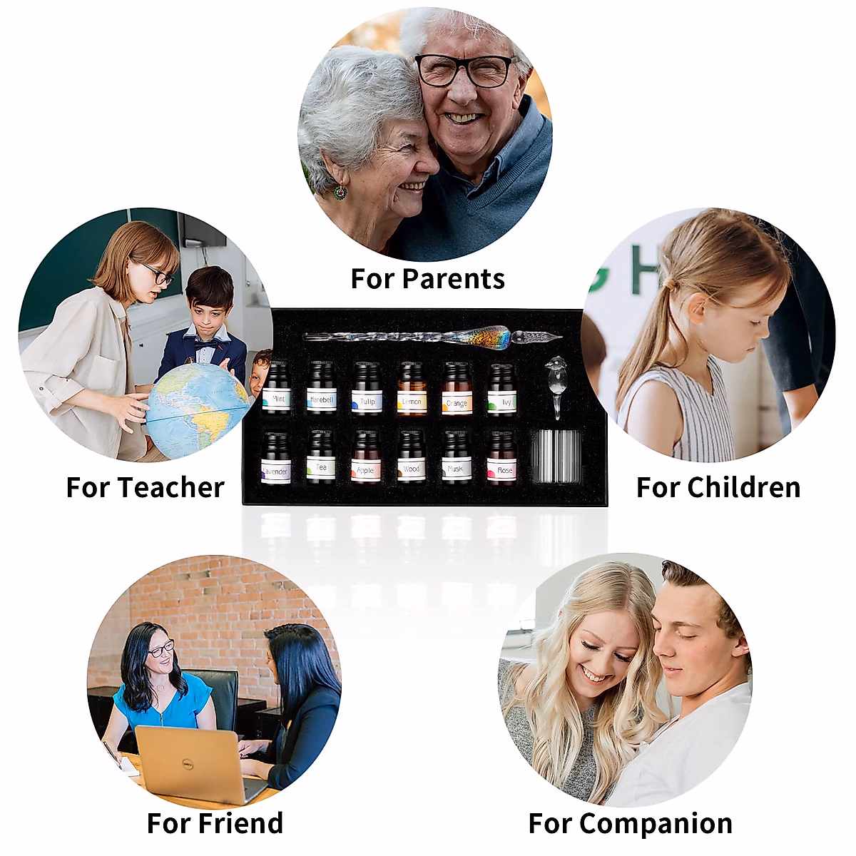 ESSSHOP Handmade Glass Dip Pen Set, Calligraphy Fountain Pen Kit- 12 Colors Ink, Glass Washing Cup, Pen Holder, Crystal Rainbow Glass Ink Pen for Art, Writing,Drawing, Signatures, Mother's Day Gifts