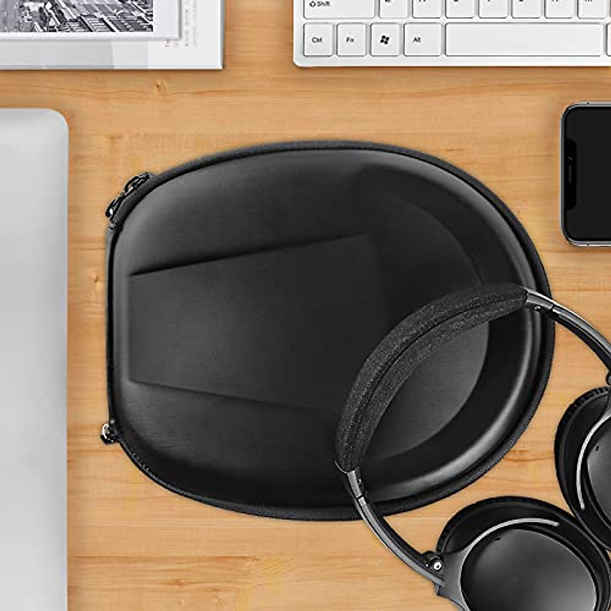 Geekria Shield Headphones Case Compatible with Bose QC45, QC35 II, QC35, QC25, QC15, QC SE, SoundLink II Case, Replacement Hard Shell Travel Carrying Bag with Cable Storage (Black)