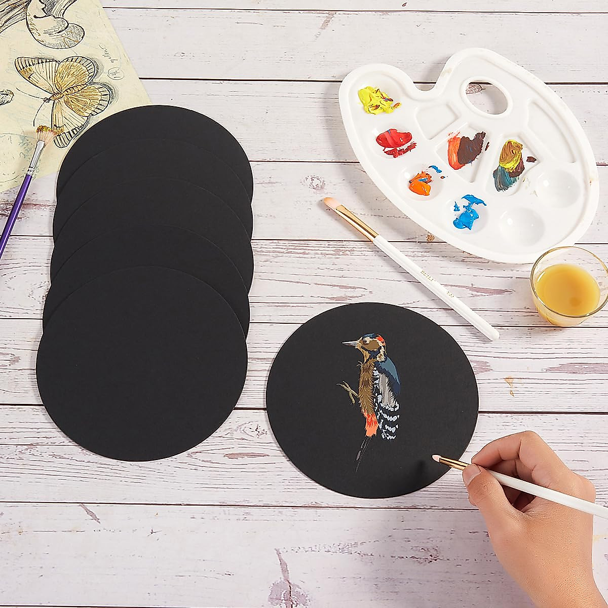 36 Pieces Round Blank Cards Cardstock Thick Cards Small Round Art Paint Board for Mandala Painting DIY Coasters Painting Writing and Decorations (Black, Diameter-6 and 4 in)