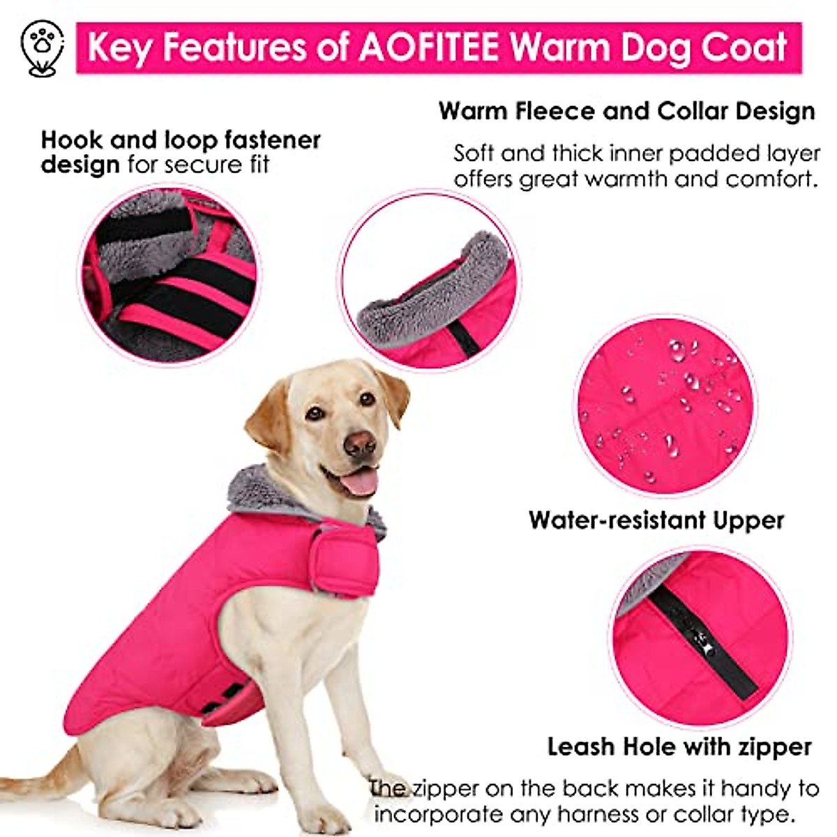 AOFITEE Dog Coat, Winter Dog Jacket Windproof Fleece Cold Weather Coats for Dogs, Warm Dog Winter Vest with Collar & Zipper Leash Hole, Outdoor Pet Apparel for Small Medium Large Dogs, Pink S