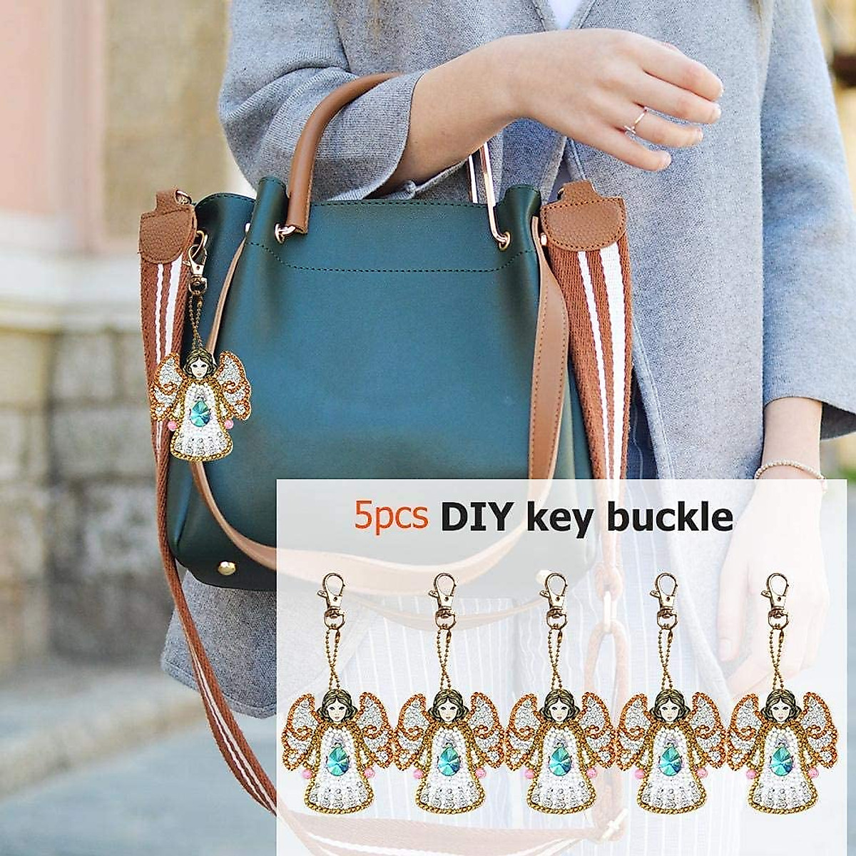 LUSandy 5pcs DIY 5D Angel Diamond Painting Keychain Kits Full Drill Special Shape Crystal Angel Diamond Art Key Chain Key Ring Set for Adults Backpack Purse Handbag Charms