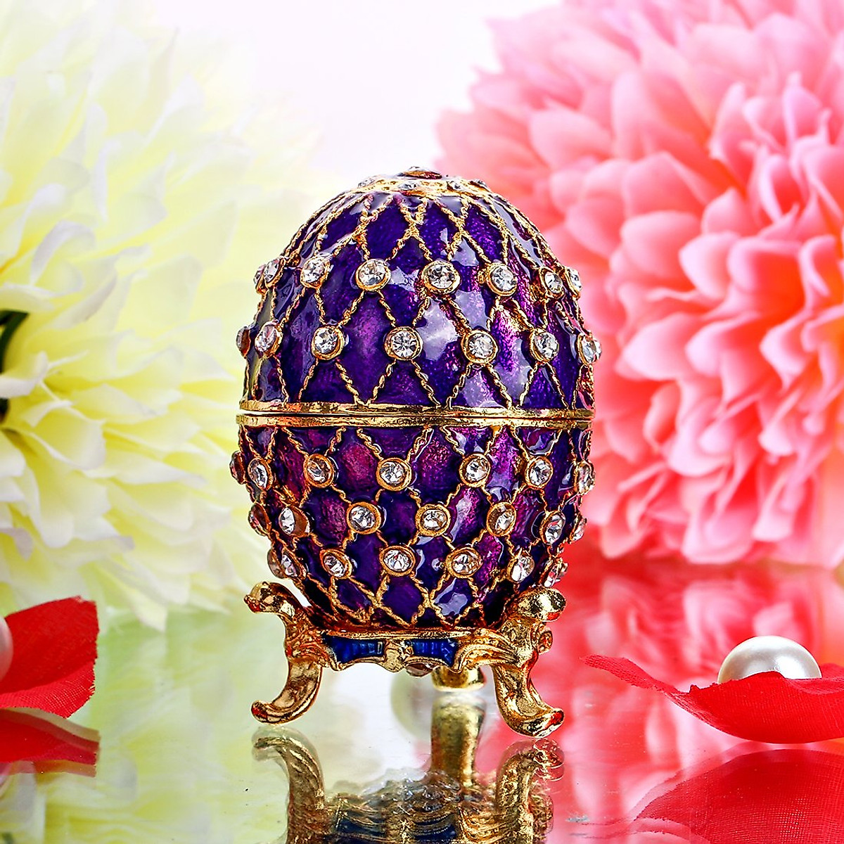 YU FENG Faberge Egg Trinket Box Hinged Jewelry Ring Holder Collectible Figurine Boxes Decorative Egg Crystals (purple)