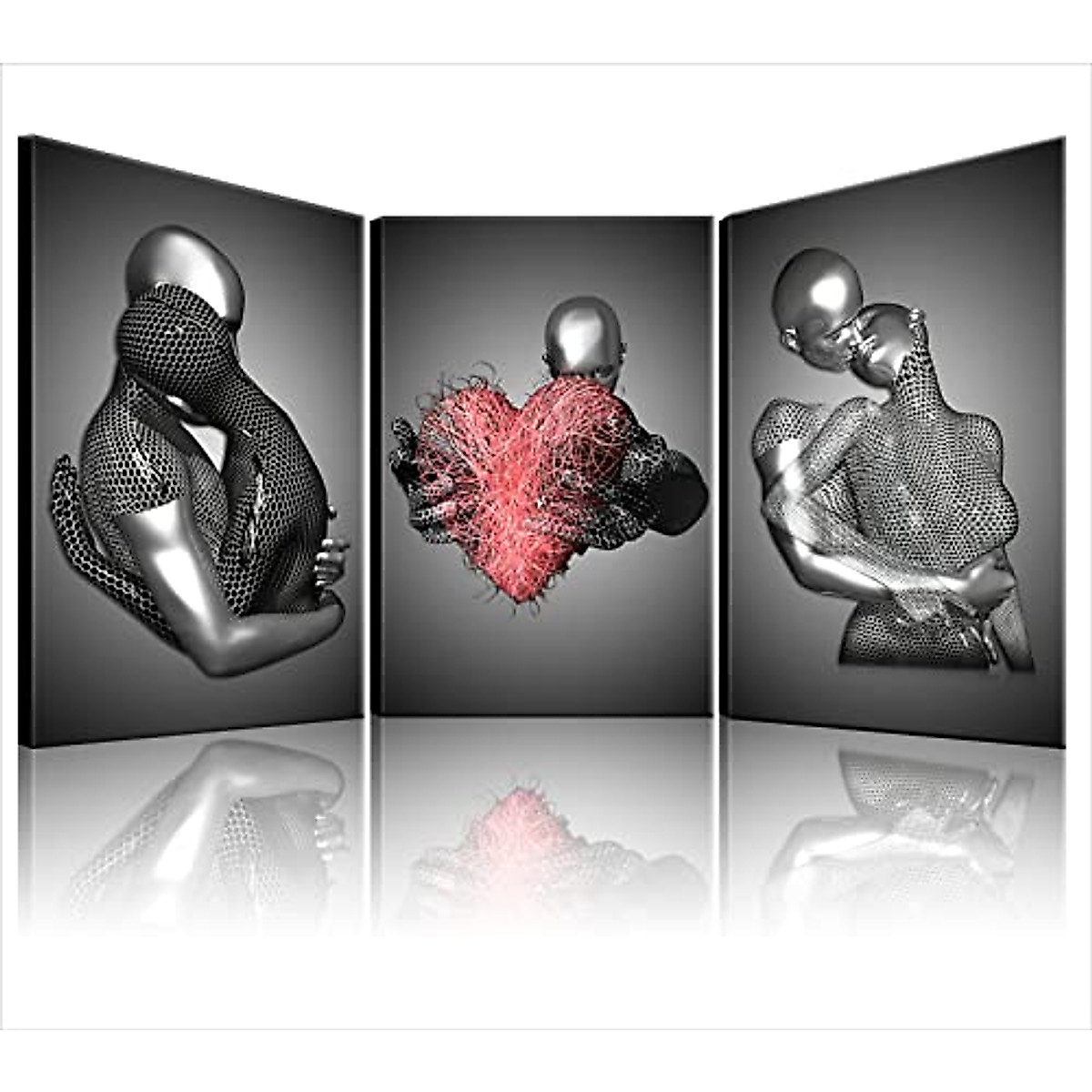 Framed 3 Pcs Love Heart 3d Wall Art Metal Sculpture Romantic Couple Hug Abstract Art Prints Posters Decor Grey Black and White Canvas Printsfor Bedroom Living Room Bathroom Hotel Valentine'S Day
