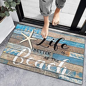 Possta Decor Life is Better at The Beach Starfish Indoor Doormat Front Door Mats, Water Absorbent Non Slip Entrance Rugs, Rustic Wood Grain Floor Bath Rug for Bedroom Bathroom Living Room