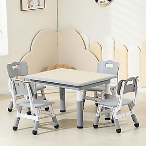 Kids Table and Chairs, Height-Adjustable Toddler Table and Chair Set with 31.5''Lx23.6''W Graffiti Desktop, Table Chair for Ages 3-8, Childrens Table and Chair Set for Daycare with 4 Chairs, Grey