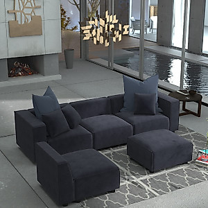 LLappuil Modern Modular Sectional Sofa Set, Low Back Minimalist Style Couch for with Ottoman and Chaise Lounge, Soft Fabric 5 Seater 138.4" L Shaped Sofa for Living Room, Dark Grey