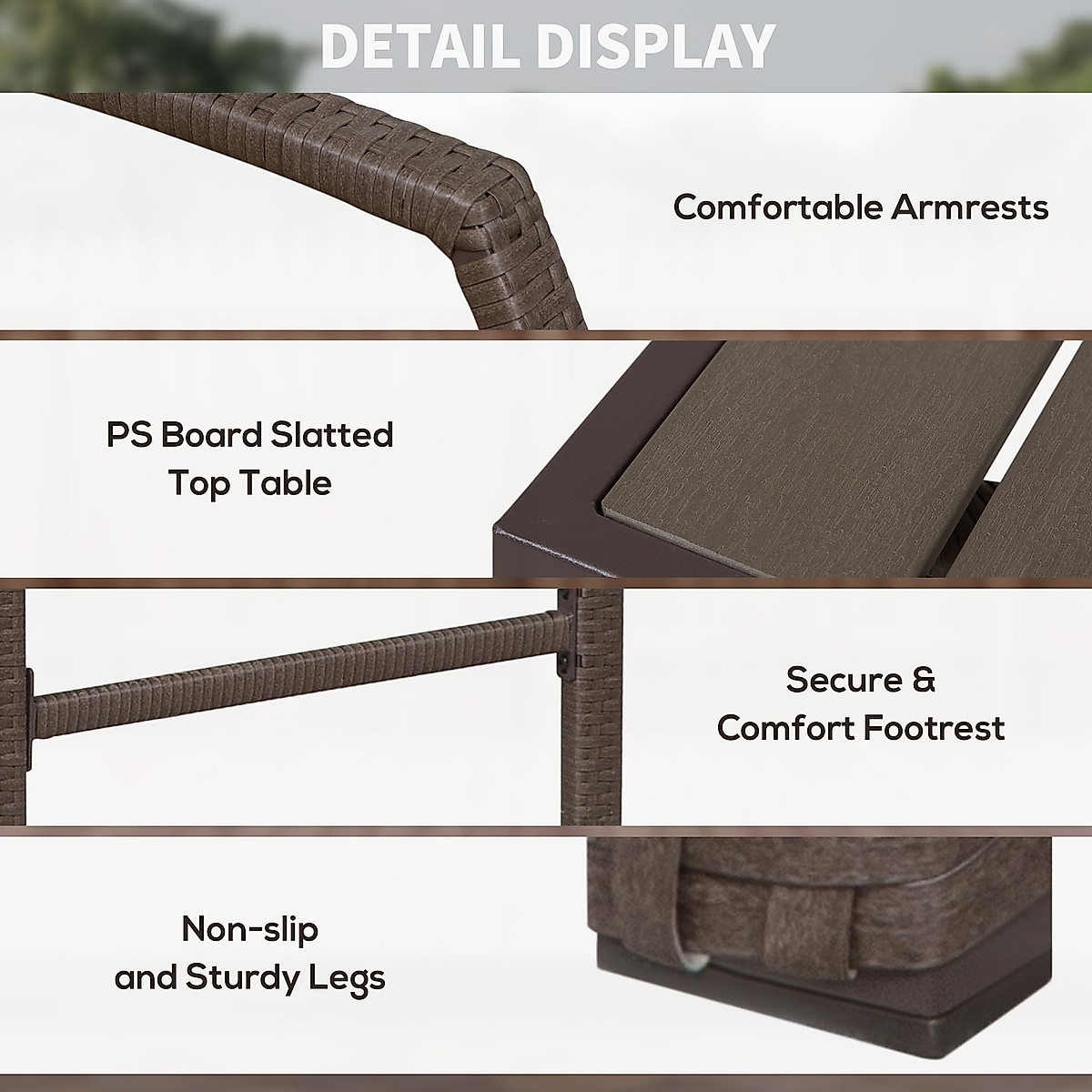 Outsunny 3 PCS Rattan Wicker Bar Set with Wood Grain Top Table and 2 Bar Stools for Outdoor, Patio, Poolside, Garden, Brown