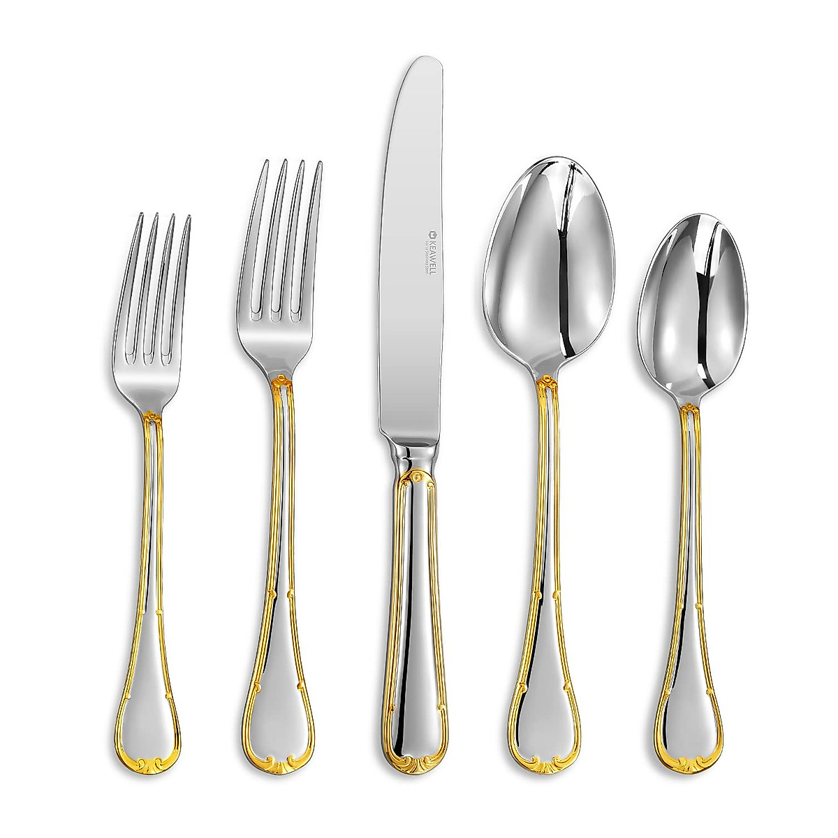 KEAWELL Elizabeth 20-Piece 18/10 Stainless Steel Flatware Set, Service for 4, Fine Silverware Set (Gold Accent), Dishwasher Safe, Mirror Polished
