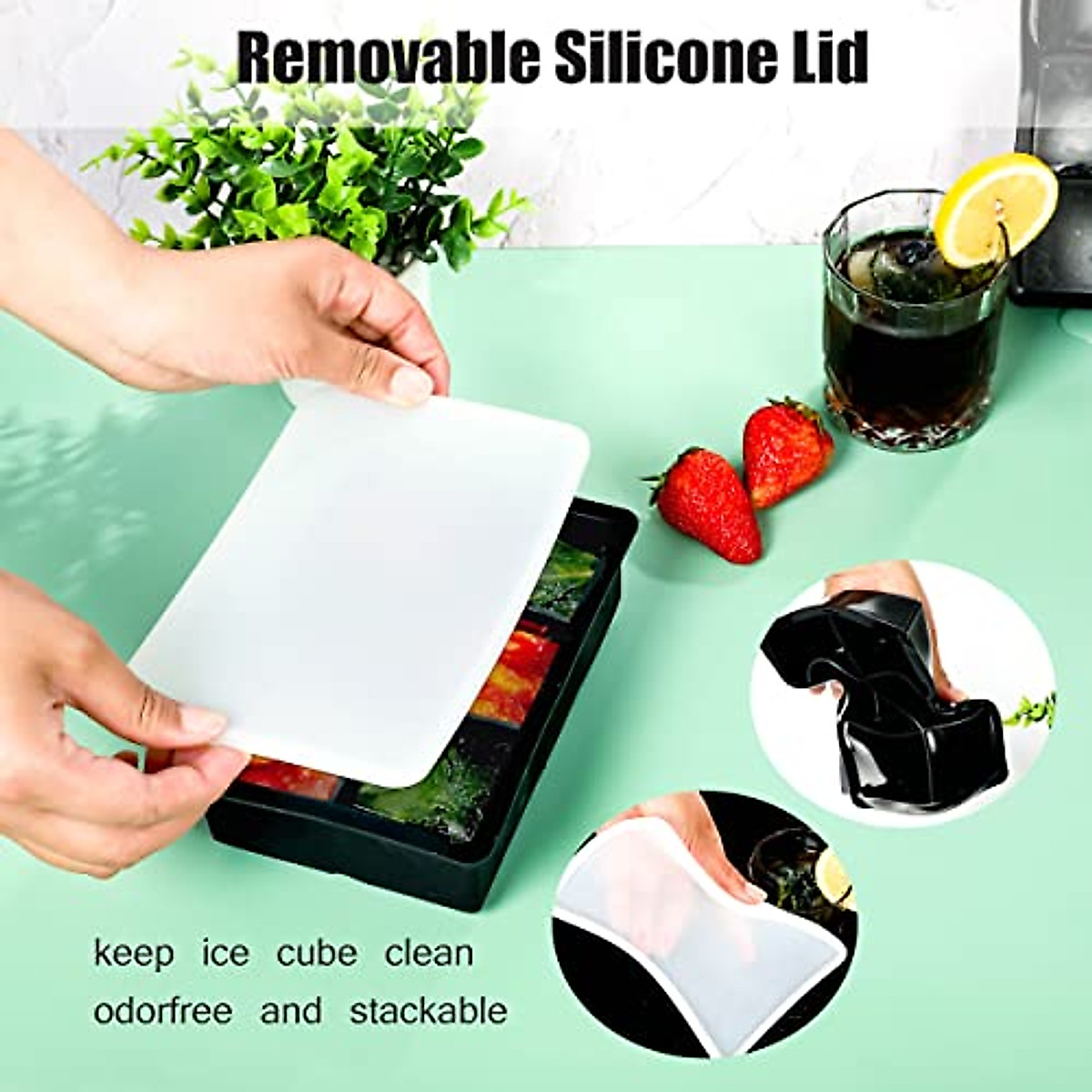 Large Ice Cube Tray 2 Pack Silicone Ice Cube Trays with Lid for Freezer Stackable Ice Cube Mold for Making Large Square Ice Cubes for Cocktails & Bourbon- Black