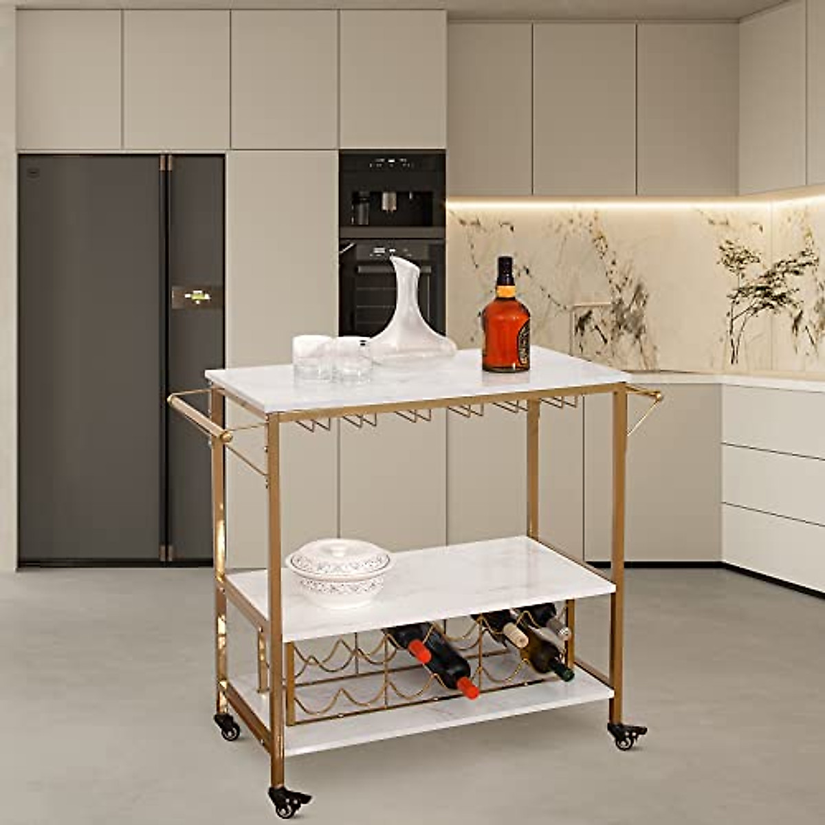 AZL1 Life Concept Bar Serving Cart Bottle Storage and Wine Glass Rack-Faux Marble and Gold