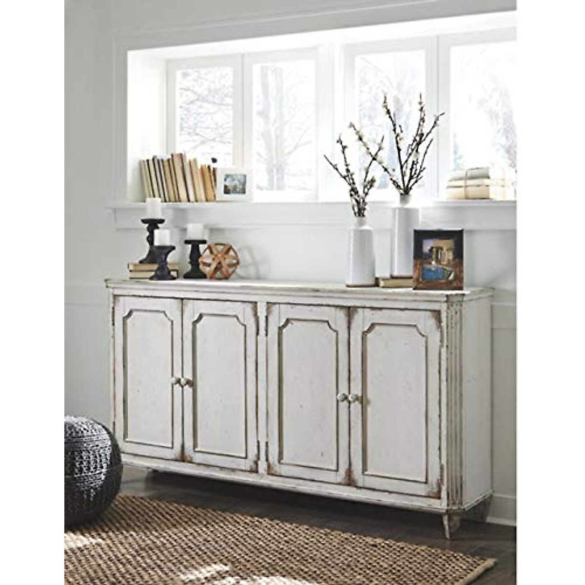 Signature Design by Ashley Mirimyn Distressed 4-Door Accent Cabinet or TV Stand, Antique White