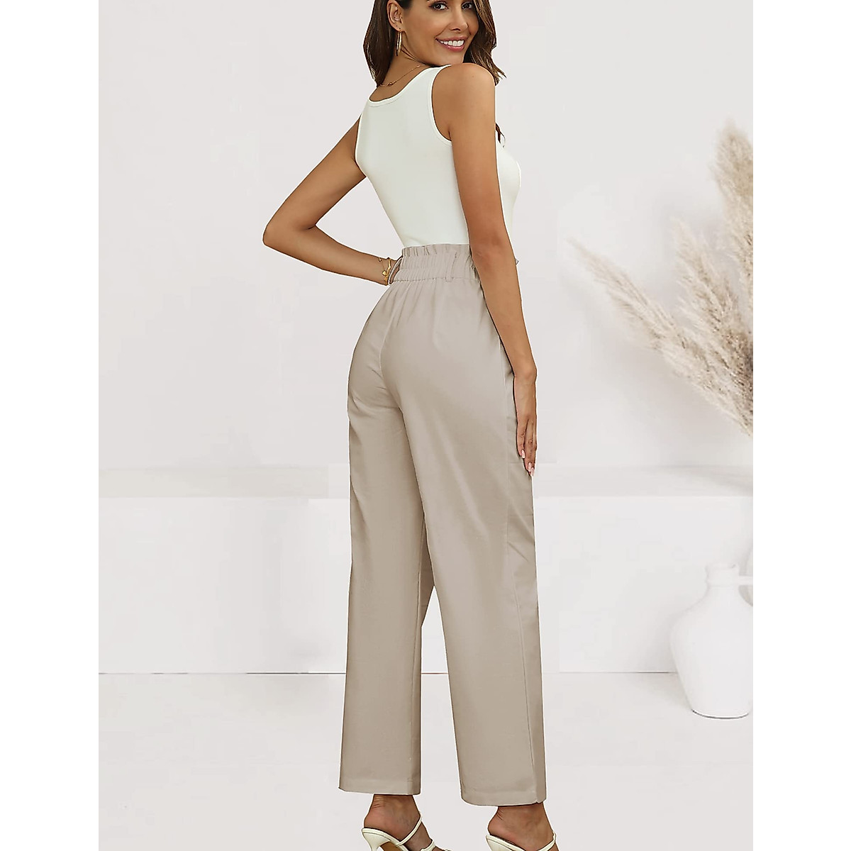 Yoetaun Linen Pants for Women High Waisted Palazzo Flowy Wide Leg Long Lounge Pant Beach Casual Comfy Trousers Khaki XL