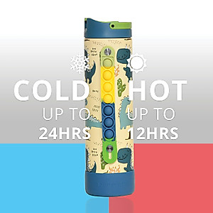 Elemental Iconic Kids Water Bottle with Straw Lid & Stress Reliever Pop It Handle, Leak-Proof When Closed, Triple Insulated Stainless Steel Reusable Thermos Water Bottle, 20oz - Dinosaur