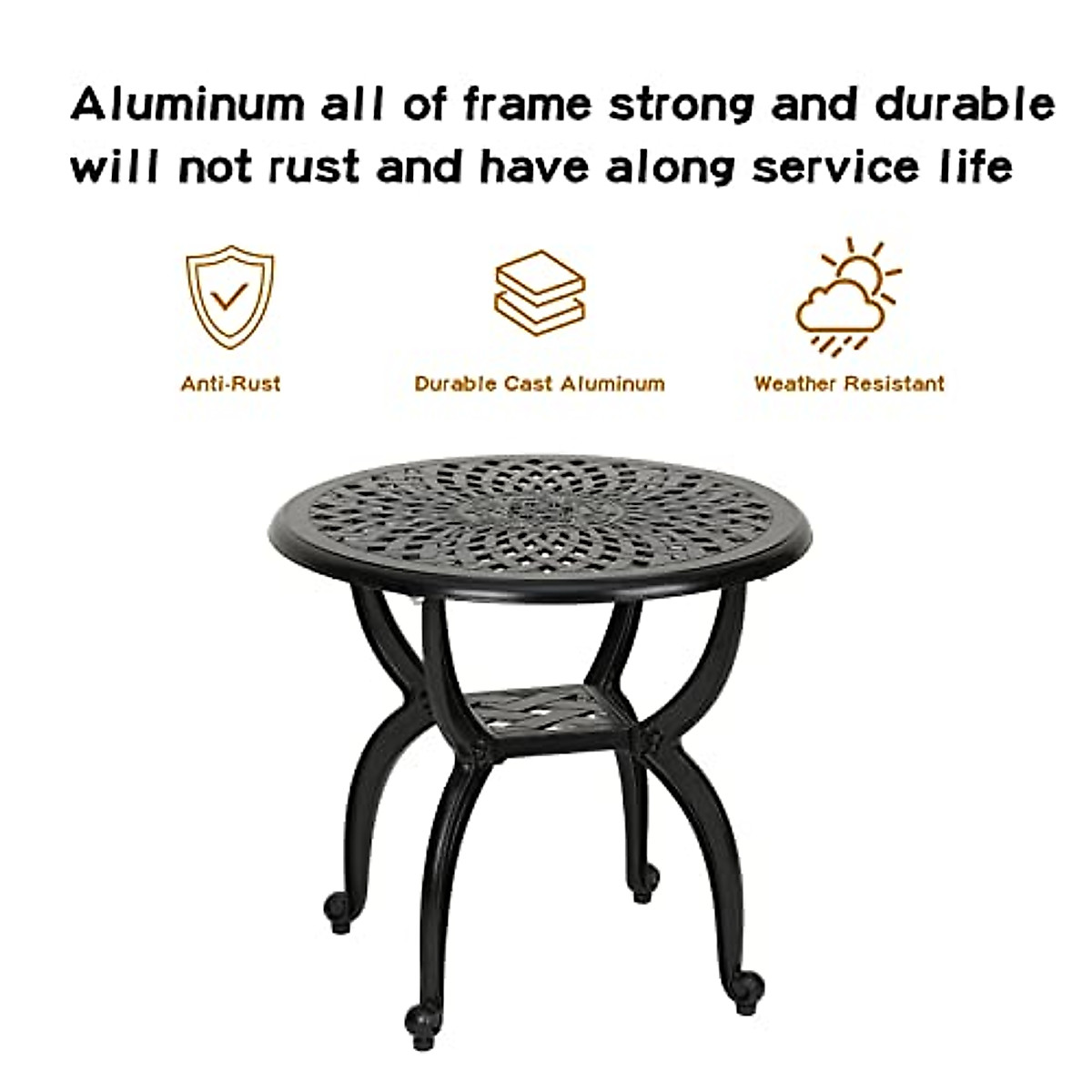 JARDIN DE CENTENNIAL Cast Aluminum Side/ End Table, Anti-Rust Coffee Bistro Table For Outdoor, Patio, Indoor, Garden, Porch, Balcony (Round Black)