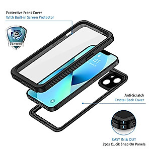 Lanhiem for iPhone 13 Mini Case, IP68 Waterproof Dustproof Shockproof Cases with Built-in Screen Protector, Full Body Sealed Protective Front and Back Cover for iPhone 13 Mini, 5.4 inch (Black)