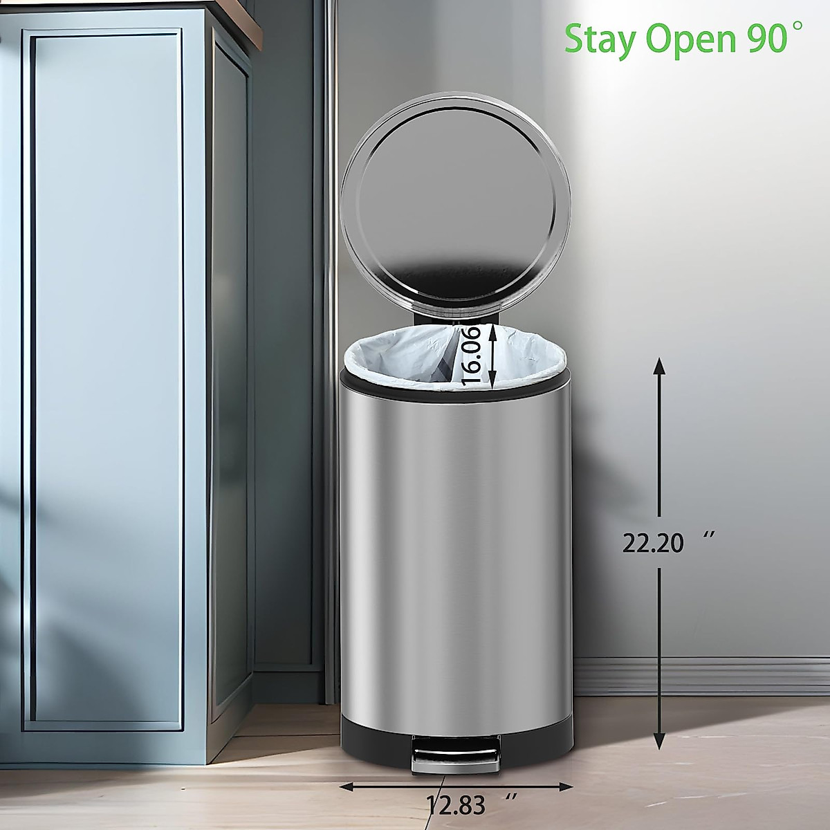 SIMPLYKLEEN 30 Liter / 8 Gallon Round Step Trash Can, Quiet Lid Close Soft Step Pedal Garbage Bin for Kitchen, Bathroom, Office, Brushed Stainless Steel