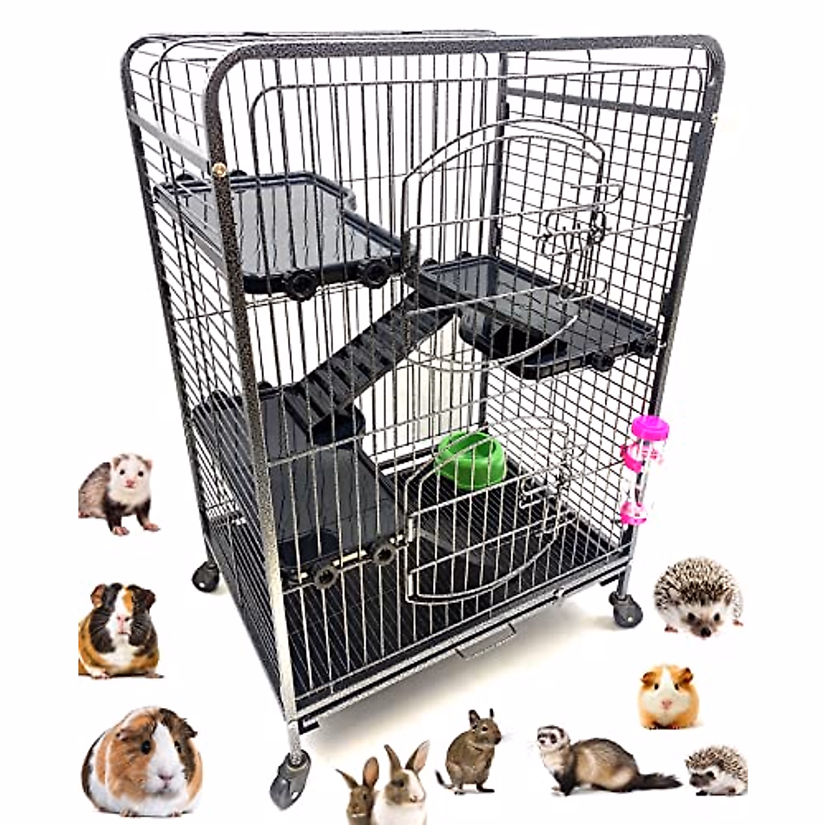 37-inch Metal Ferret Chinchilla Small Animals Hutch Rolling Cage Guinea Pig/Kitten/Rabbit Pet with 2 Front Doors for Indoor Outdoor (BlackVein, 37" Solid Plastic Platfroms and Ladders)