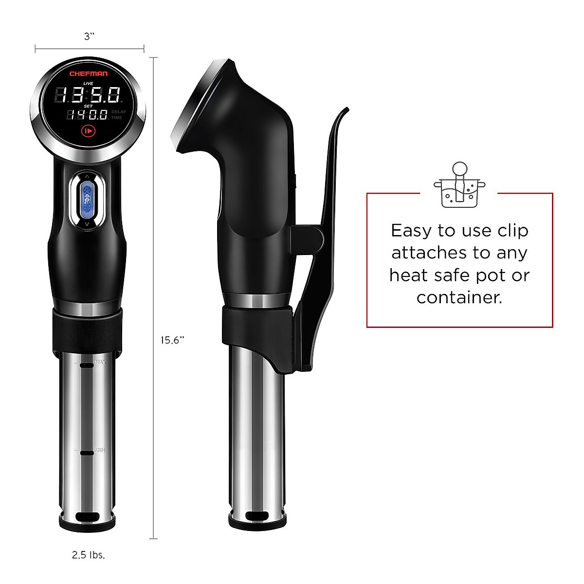 Chefman Sous Vide Immersion Circulator w/ Precise Temperature, Programmable Digital Touch Screen Display and Easy to Use Controls, Black