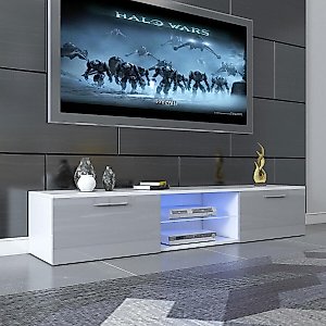 COSVALVE TV Stand for Living Room with LED & Grey Doors, Modern Television Stands for 70 Inch TV, High Gloss Entertainment Center with Storage, Media Console Table with Display Shelves