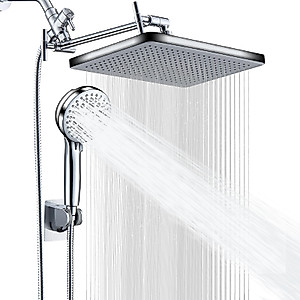 BSTKEECL 14”High Pressure Rain Shower Heads with Handheld Spray with Long Hoes Combo Rainfall Showerhead with 9Shower Water Sprayer Modes & Adjustable Extension Arm CP