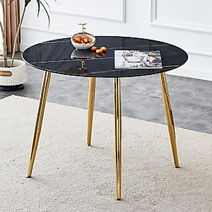 OUYESSIR 40'' Round Dining Table, Imitation Marble Craft Glass Kitchen Table with Black Metal Legs, Small Modern Table for Dining Room, Kitchen, Living Room, Cafe, Office