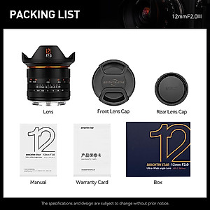Brightin Star 12mm F2 III Manual Focus Prime Lens for Canon EOS-M Mount Mirrorless Cameras, APS-C Ultra-Wide Angle Large Aperture, Fit for M6, M50, M5, M3, M200, M10, M100, M, M2