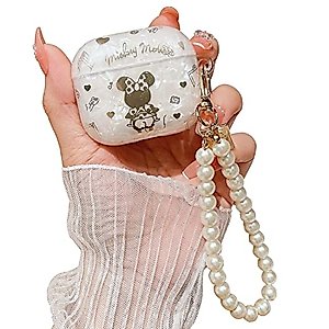 Manleno Compatible with Airpods 3rd Generation Case with Pearl Keychain Strap Cute Cartoon Design Women Girls Soft Protective Case Cover Replacement for Apple Airpods 3 2021 (Minnie)