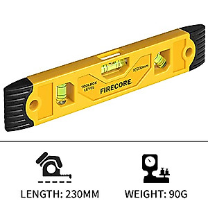 Firecore Magnetic Torpedo Level, 9-Inch Shockproof Toolbox Level with 3 Bubble Spirit Level 45 90 180 Degree
