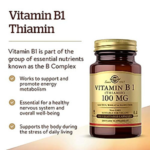Solgar Vitamin B1 (Thiamin) 100 mg, 100 Vegetable Capsules - Energy Metabolism, Healthy Nervous System, Overall Well-Being - Non-GMO, Vegan, Gluten Free, Dairy Free - 100 Servings