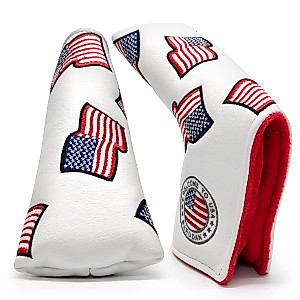 US Flag Putter Cover Golf Blade Putter Headcover Head Cover - Premium Leather Golf Putter Head Cover Magnetic- White Golf Accessories for Men Golfer