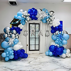 2024 Graduation Party Decorations blue and white balloon arch kit 135pcs-Congrats Grad Silver Letter Balloons, Starburst Foil Balloons for Blue Silver White Graduation Party Supplies